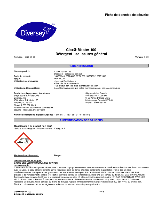 Détergent à lessive neutre puissant Clax Master 100 Diversey, boucle ...