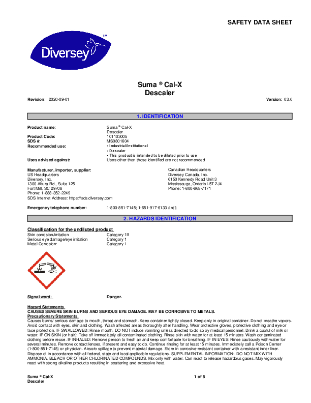 Diversey Suma Cal-X Descaler, Manual, 3.78 L, Carton of 4 | Grand & Toy