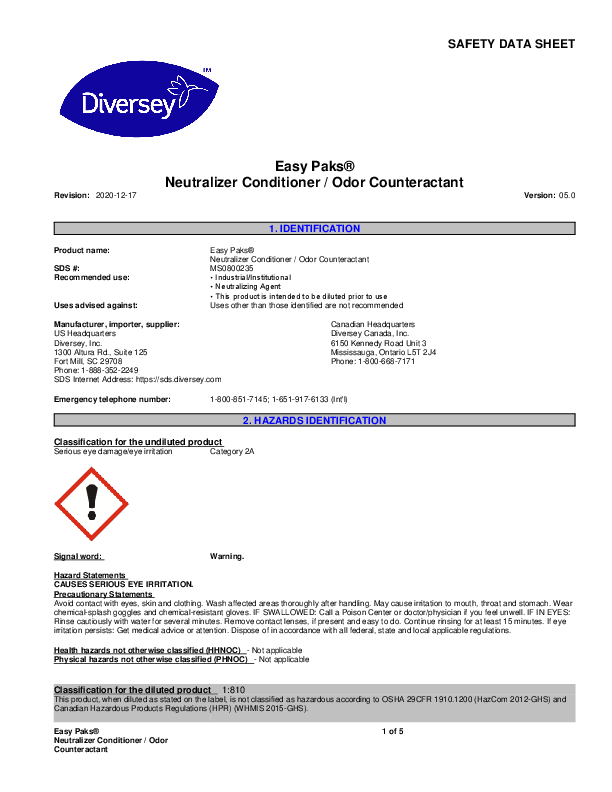 Diversey Easy Paks Neutralizer Conditioner/Odour Counteractant, 1/2 oz ...