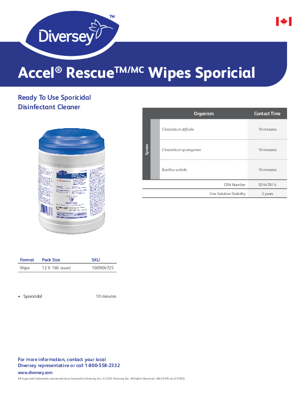 Diversey Accel Rescue Wipes with Sporicidal Disinfectant Cleaner, Pack ...