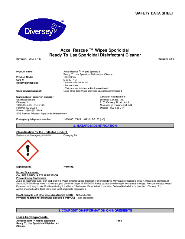 Diversey Accel Rescue Wipes with Sporicidal Disinfectant Cleaner, Pack ...