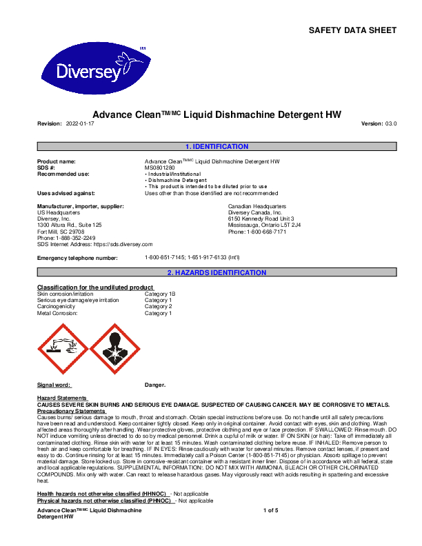 Diversey Advance Clean Liquid Dishmachine Detergent HW, 18.9 L | Grand ...