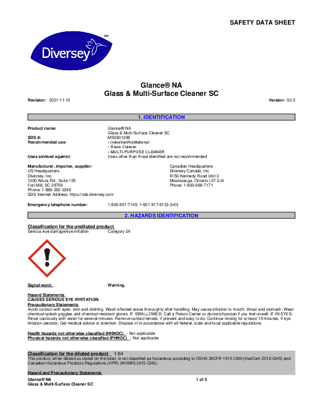 Diversey Glance® NA Glass & Multi-Surface Cleaner Super Concentrated, 1 ...