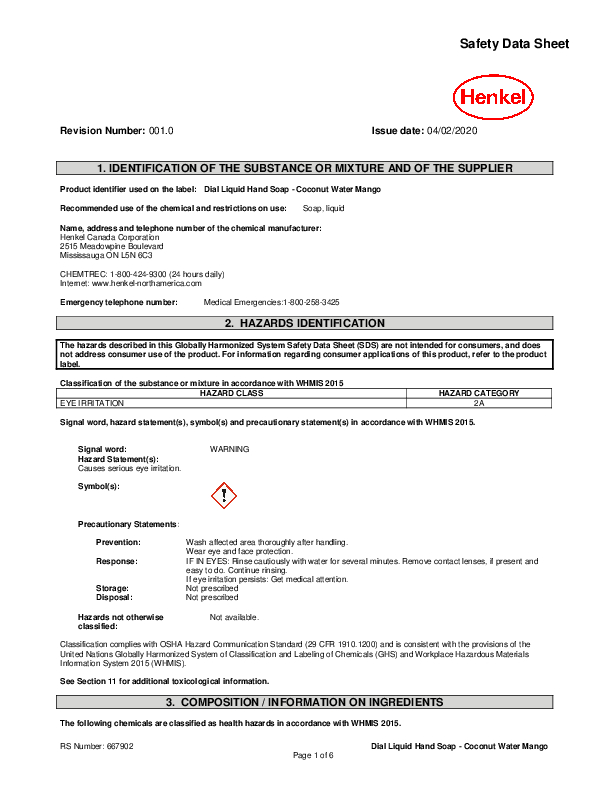 Dial Antibacterial Liquid Hand Soap Refill, Coconut Water & Mango, 1.53 ...