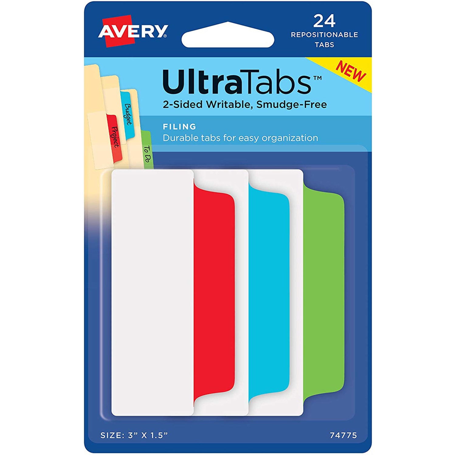 Avery UltraTabs Repositionable Filing Tabs, Assorted Primary Colours, 3 ...