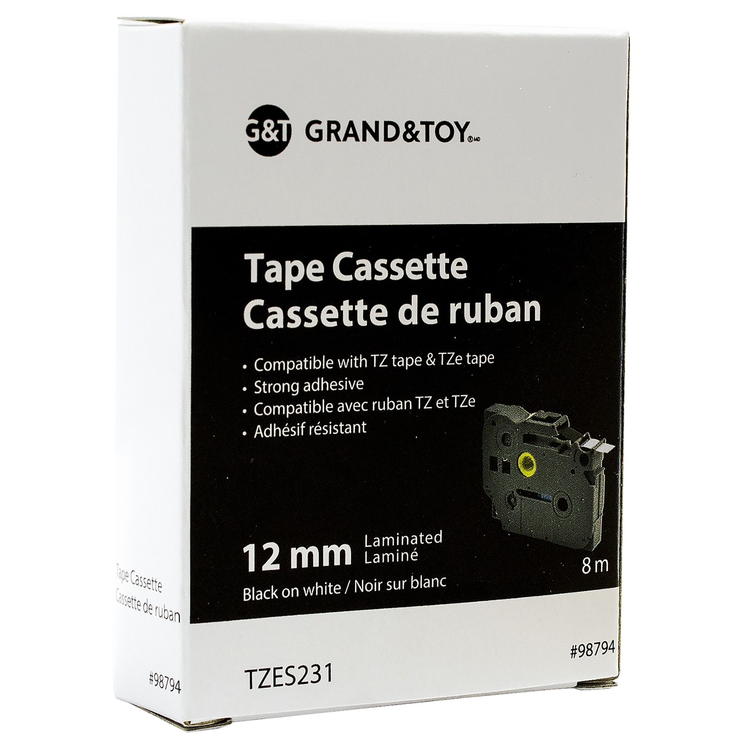 Grand And Toy Laminated Tz And Tze Tape Cassettes Black Typewhite Label 12 Mm X 8 M Tz231