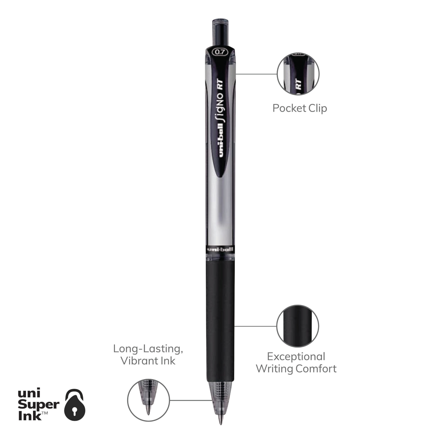 Uniball Signo Gel Retractable Pen, Black, Medium 0.7 mm, Box of 12 ...