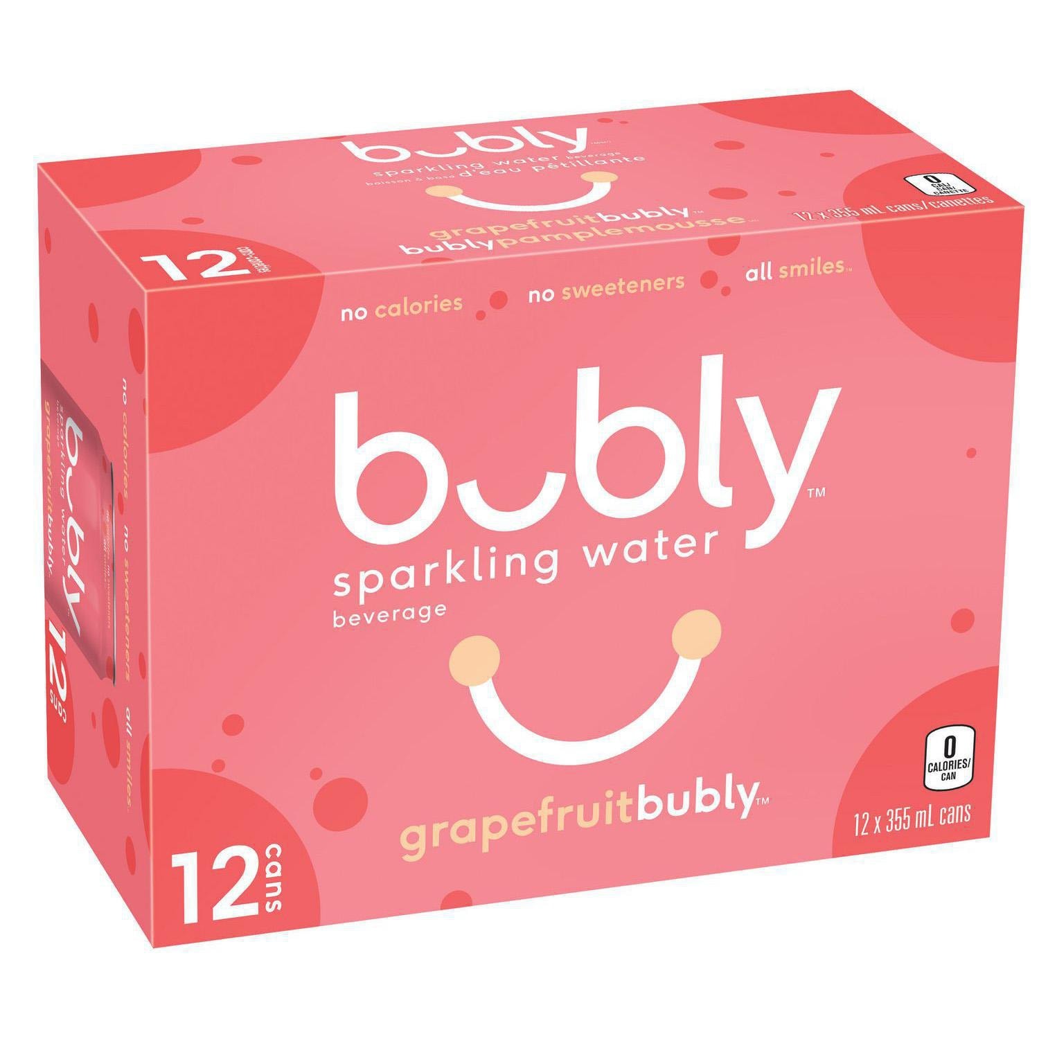 Bubly Sparkling Water, Grapefruit, 355 mL, Case of 12 | Grand & Toy