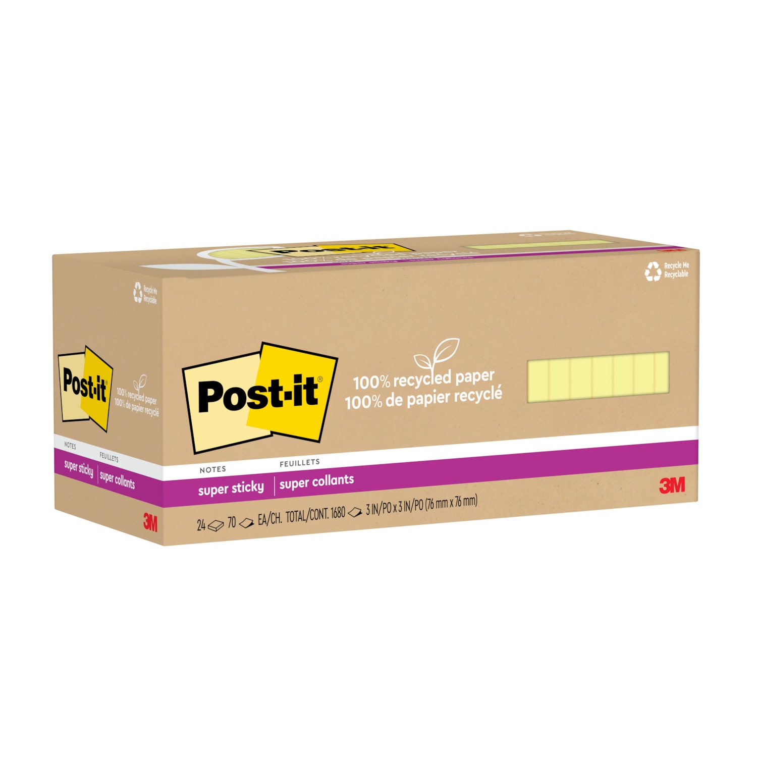 Post-it® 100% Recycled Paper Super Sticky Notes 654R-24SSCY-CP, Canary ...
