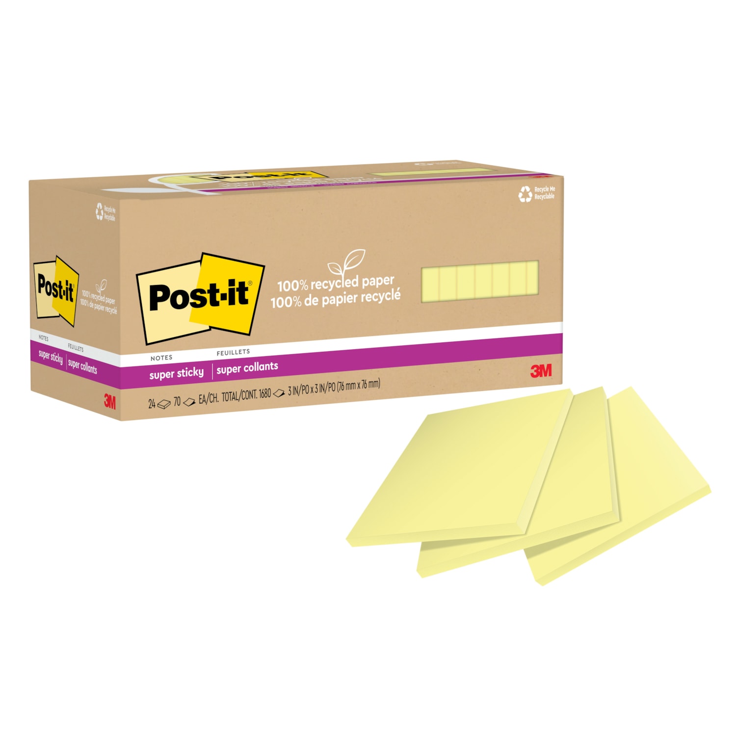 Post-it® 100% Recycled Paper Super Sticky Notes 654R-24SSCY-CP, Canary ...