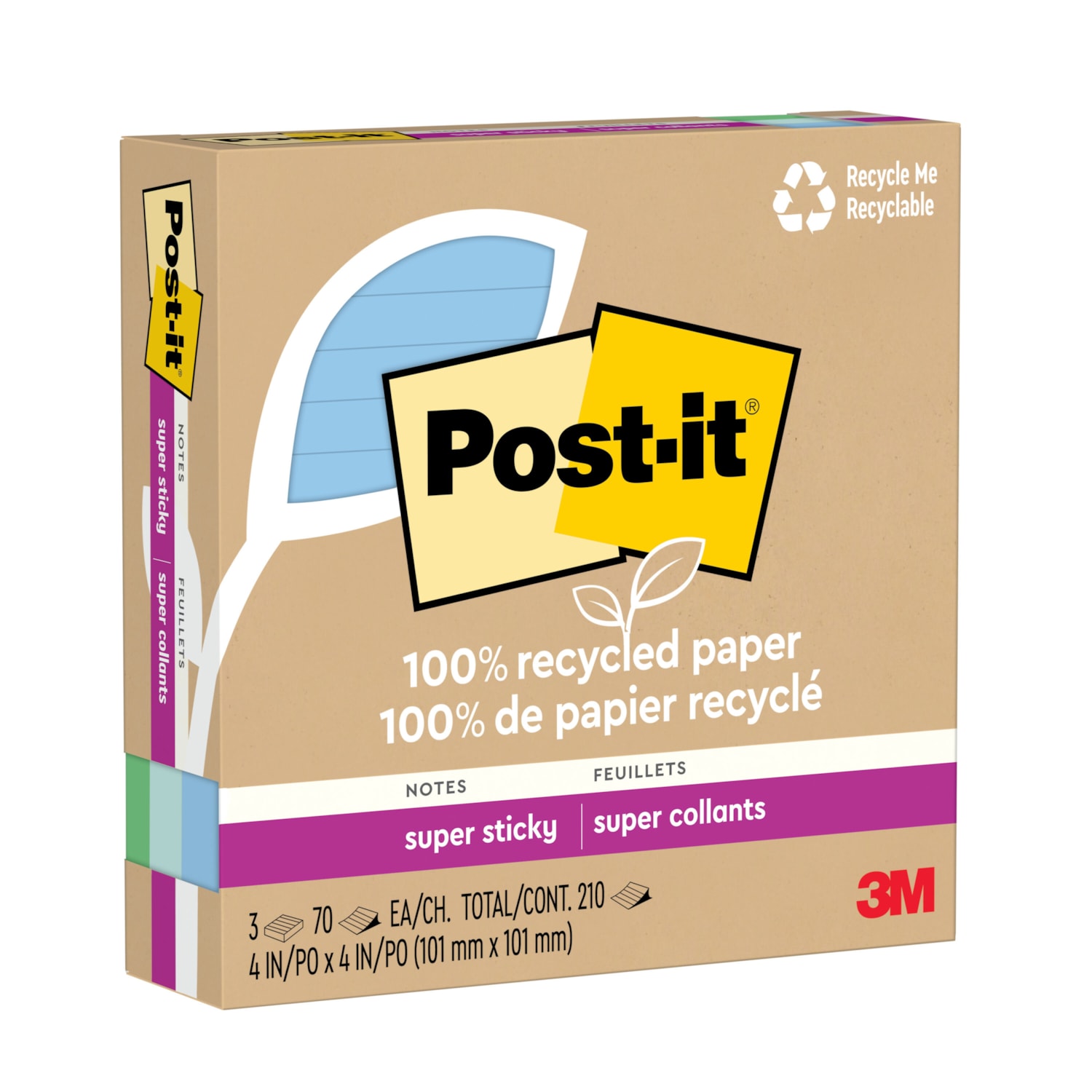 Post-it® 100% Recycled Paper Super Sticky Notes 675R-3SST, Oasis ...