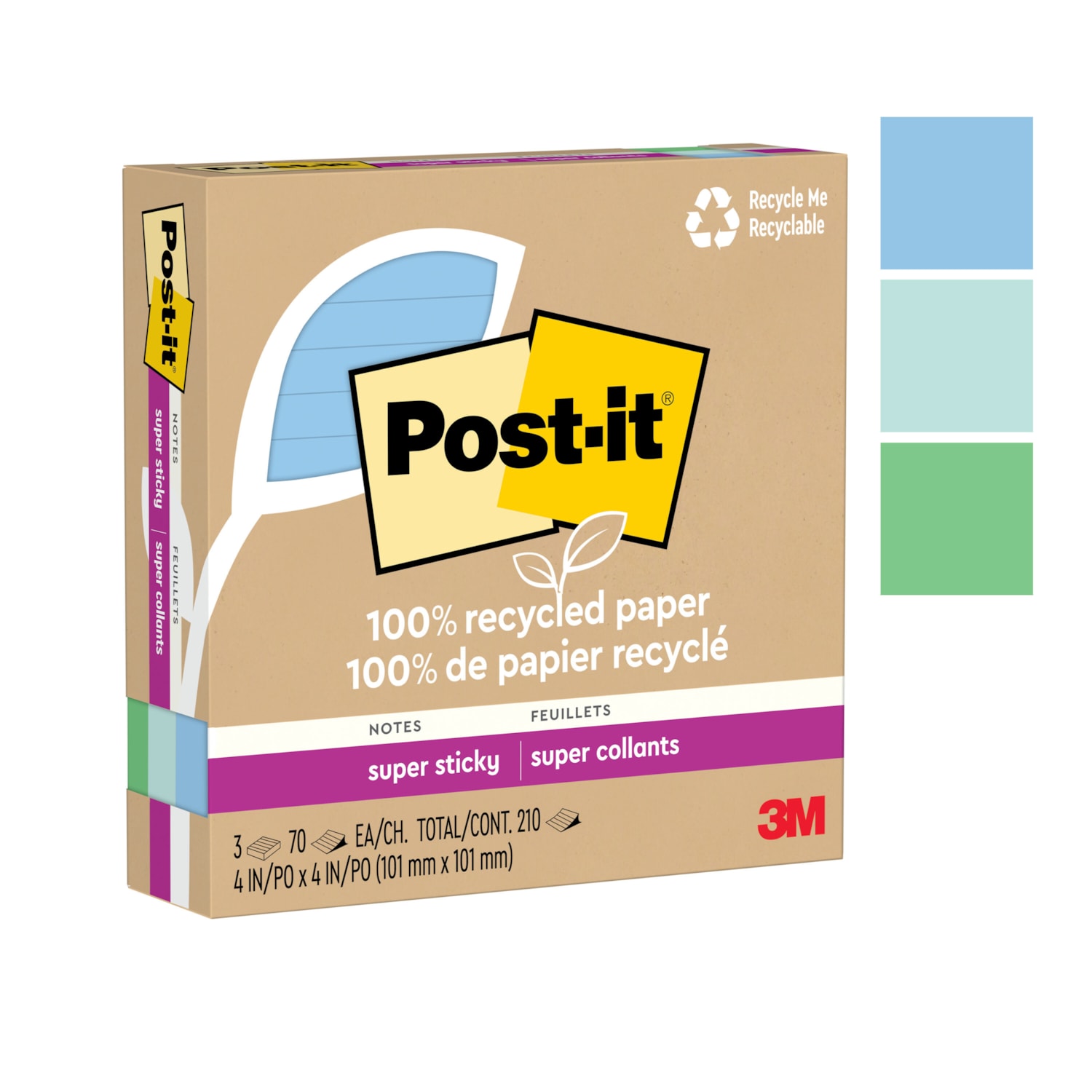 Post-it® 100% Recycled Paper Super Sticky Notes 675R-3SST, Oasis ...