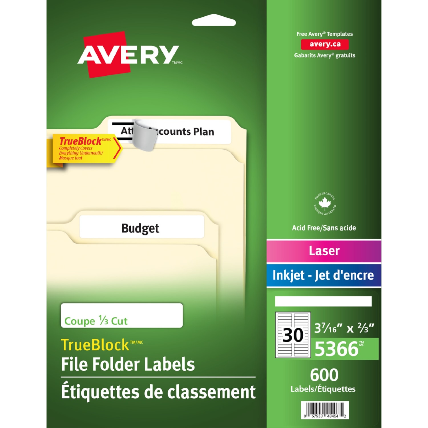 Avery 5366 Filing Labels With TrueBlock Technology, White, 3 7/16" x 2/ ...