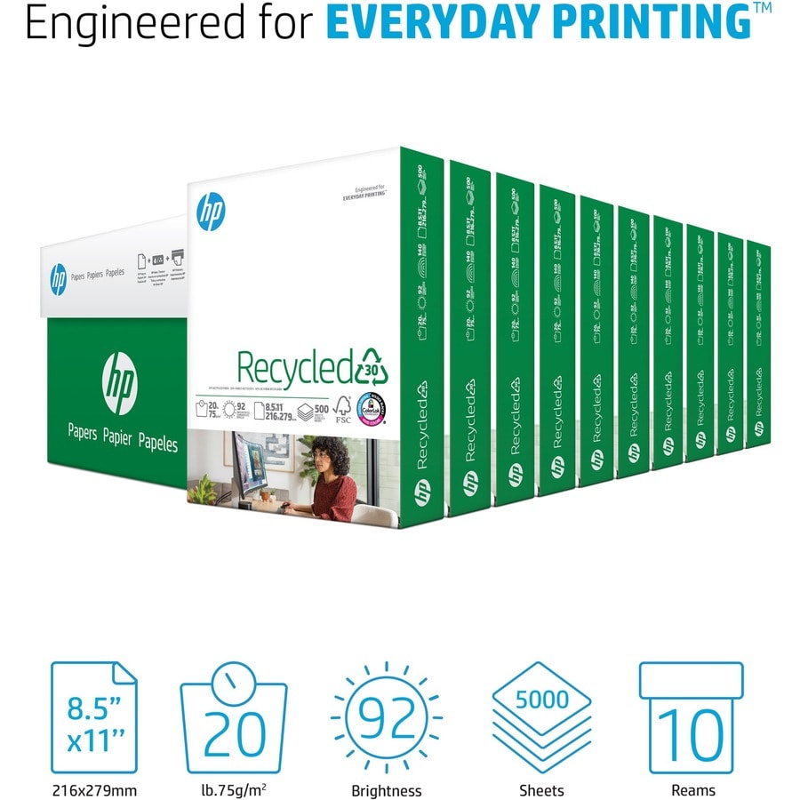 HP Papers Recycled30 Paper - White - 92 Brightness - Letter - 8 1/2 ...