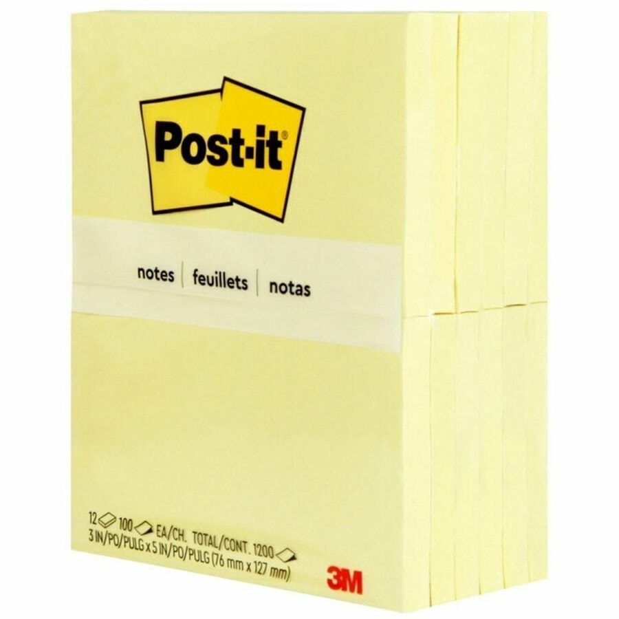 Post-it® Original Notes, Canary Yellow, 3" x 5" , 100 Sheets/Pad, 12 ...