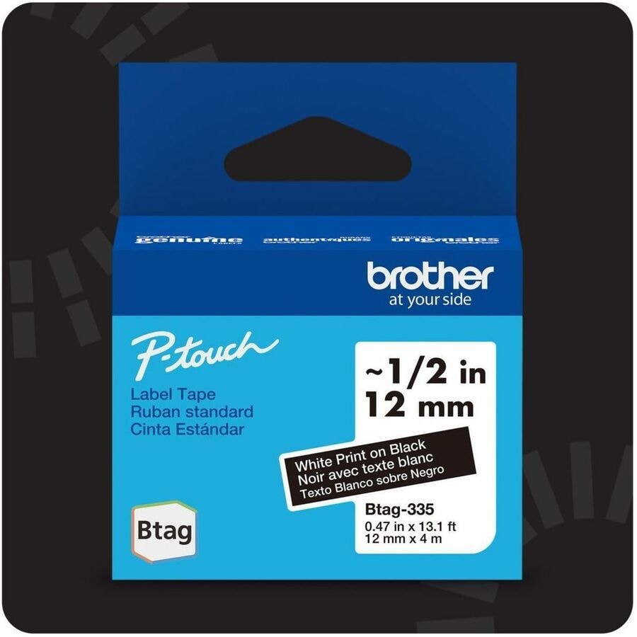 Brother P-touch BTAG-335 White on Black Label Tape - 15/32" (12 mm) Width x 13 1/8 ft (4 m ...