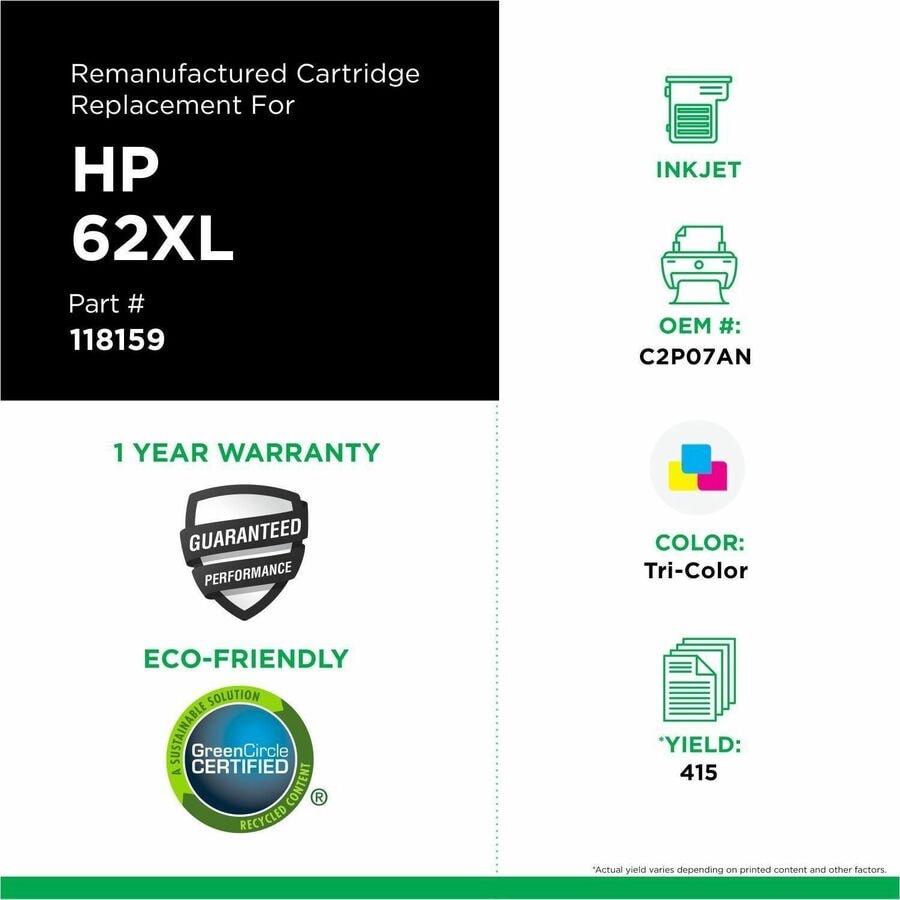 CIG Remanufactured High Yield Inkjet Ink Cartridge 62XL (C2P07AN) - Tri ...