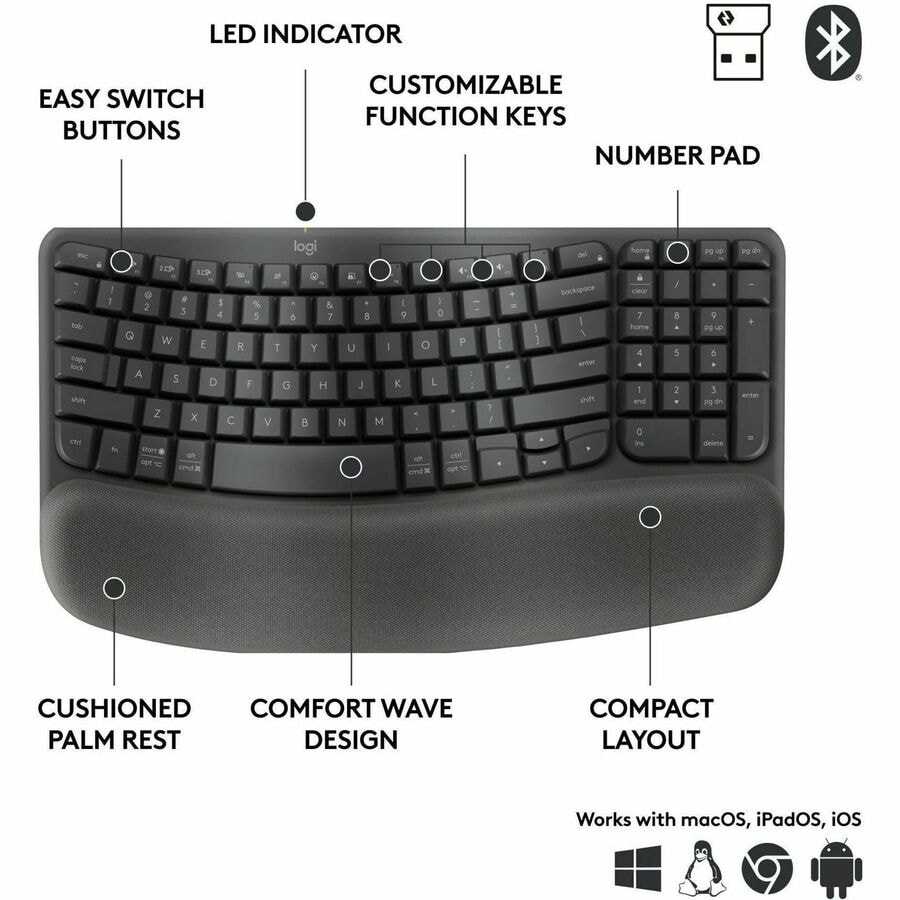 Logitech Wave Keys for Business Ergonomic Keyboard - Wireless ...