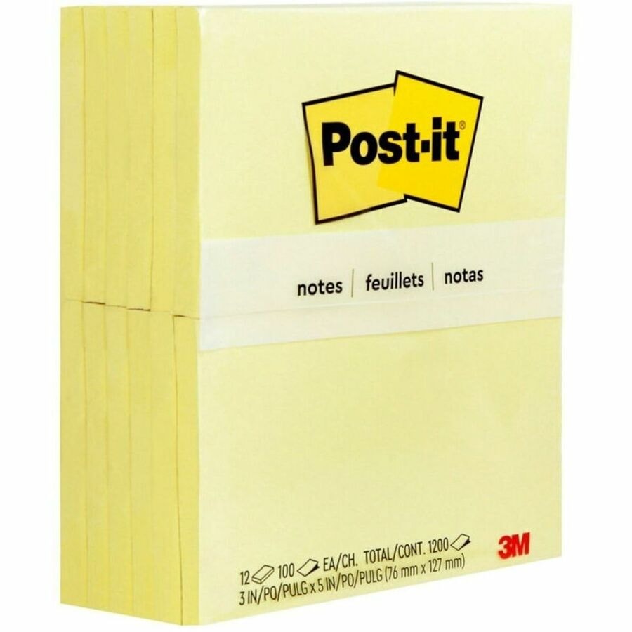 Post-it® Original Notes, Canary Yellow, 3" x 5" , 100 Sheets/Pad, 12 ...