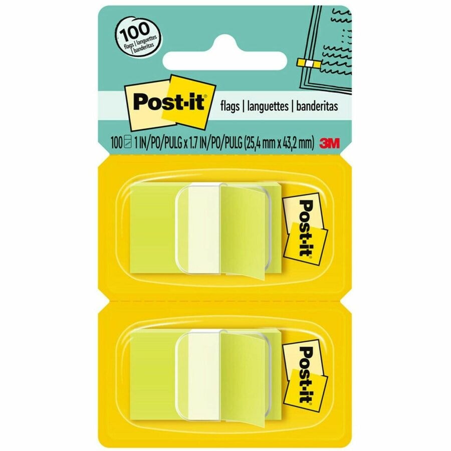 Post-it® Flags - 100 x Bright Green - 1" (25.40 mm) Flag/Note Width x 1 ...