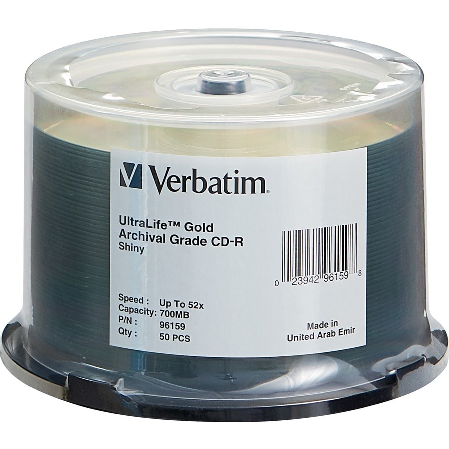 Verbatim CD-R 700MB 52X UltraLife Gold Archival Grade with Branded Surface - 50pk Spindle ...