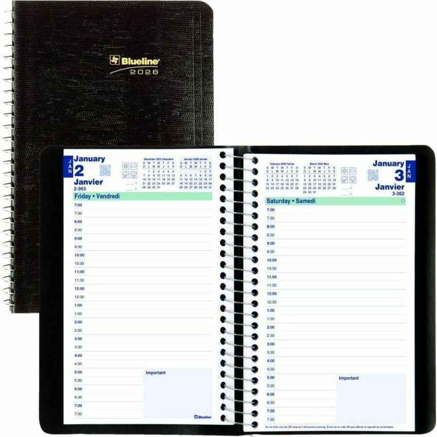 Blueline Daily Planner 8"x 5" Spiral Bind, English, Black - Julian ...