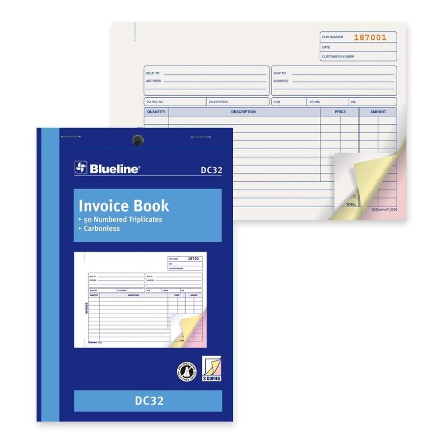 Blueline Invoice Book - 50 Sheet(s) - 3 Part - Carbonless Copy - 7 63/ ...