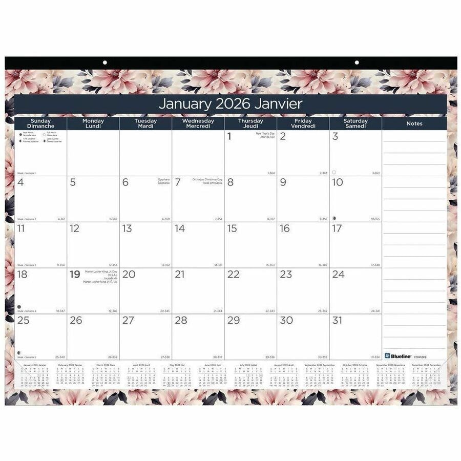 Blueline Floral Monthly Desk Pad Calendar 22" x 17" , Bilingual ...