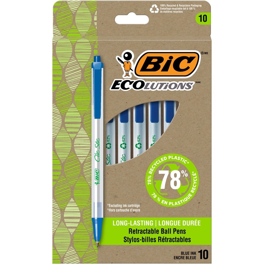 BIC Ecolutions Clic Stic Blue Ballpoint Pens - Medium Point (1.0mm), 10-Count Pack, Retractable ...