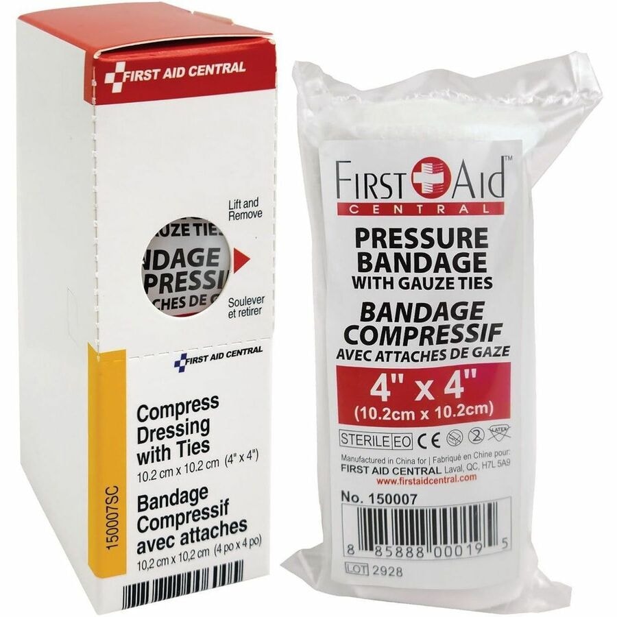 First Aid Central Compress Pressure Bandage with Ties (4" x 4") - 4 ...