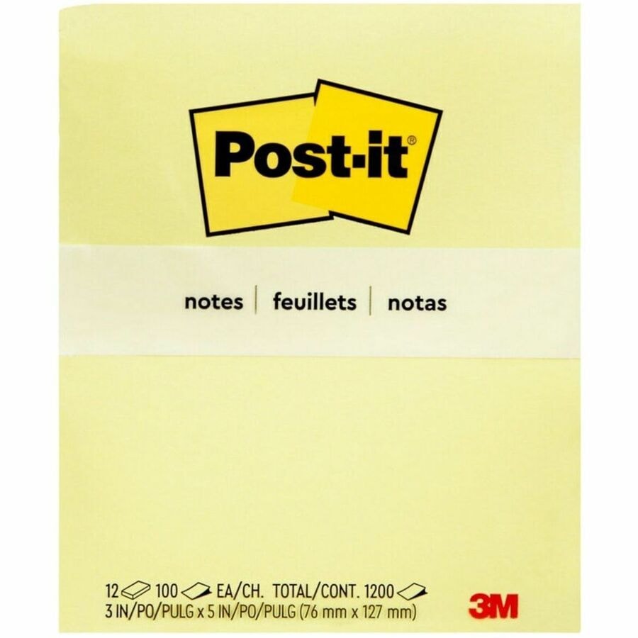 Post-it® Original Notes, Canary Yellow, 3" x 5" , 100 Sheets/Pad, 12 ...