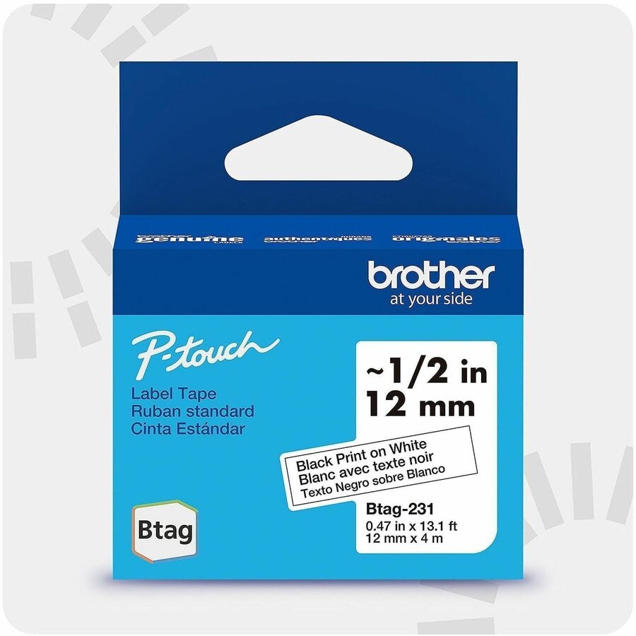 Brother P-touch BTAG-231 Black on White Label Tape - 15/32" (12 mm) Width x 13 1/8 ft (4 m ...