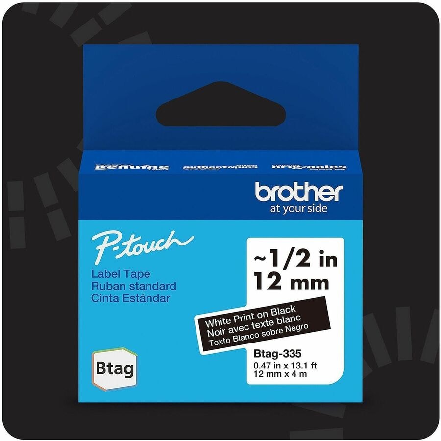 Brother P-touch BTAG-335 White on Black Label Tape - 15/32" (12 mm) Width x 13 1/8 ft (4 m ...