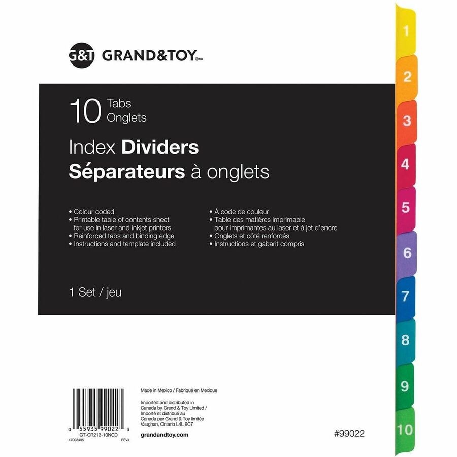 Grand & Toy Index Dividers, Numbered 1-10, 8 1/2" x 11" , 10-Tabs/ST, 1 ...