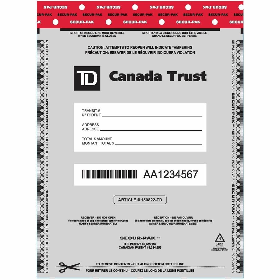 TD BANK Opaque Tamper-Evident Security Bag - 9"x12" , opaque, 50/PK ...