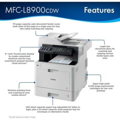 Brother MFC-L8900CDW Wireless Laser Multifunction Printer - Color - Copier/Fax/Printer/Scanner ...