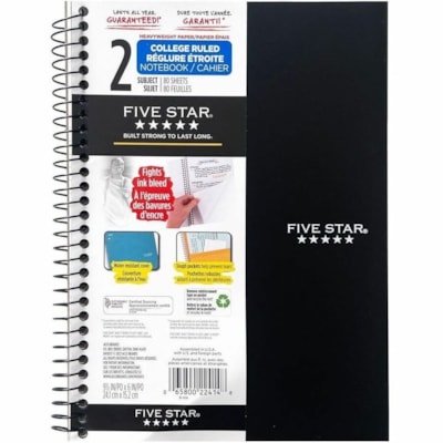 Five Star Notebook - 2 Subject(s) - 80 Sheets - Spiral Bound - College ...