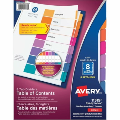Avery® Ready Index® Table of Content Dividers, 8 tabs, 6 sets - 8 Blank Tab(s) - Multicolor Tab ...