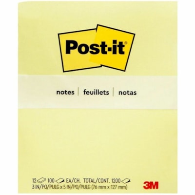 Post-it® Original Notes, Canary Yellow, 3" x 5" , 100 Sheets/Pad, 12 ...