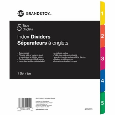 Grand & Toy Index Divider - 5 Tab/Set - Letter - 8.50" Width x 11 ...
